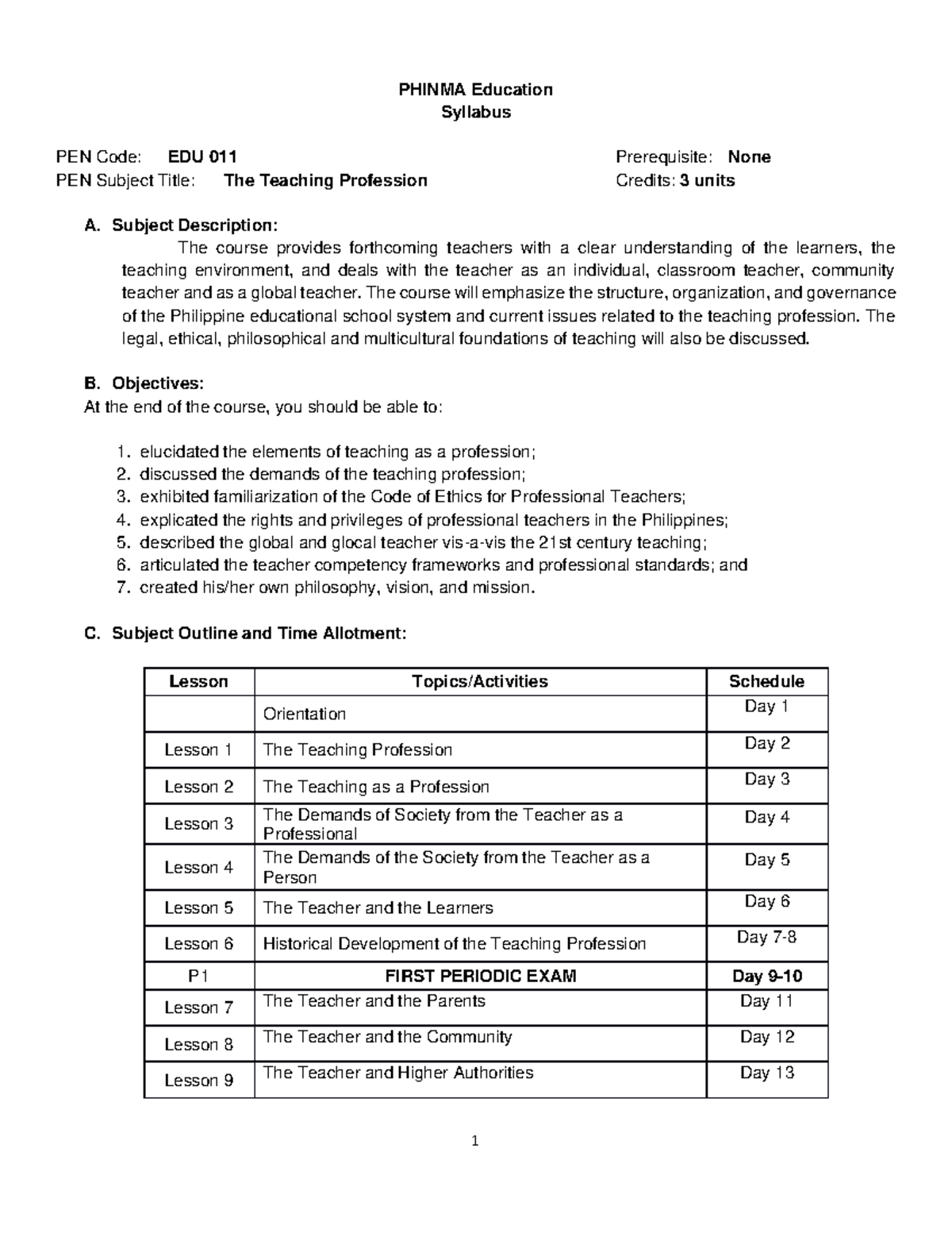 EDU 011: The Teaching Profession Syllabus and Module Overview - Studocu