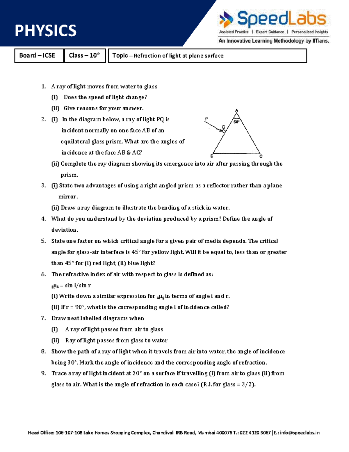 PHYSICS ICSE Class 10 Refraction of Light Important Questions - Studocu