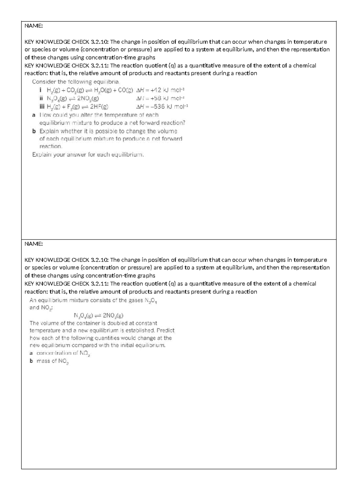 Key Knowledge Check 3.2.10 & 3.2.11: Equilibrium & Reaction Quotient ...