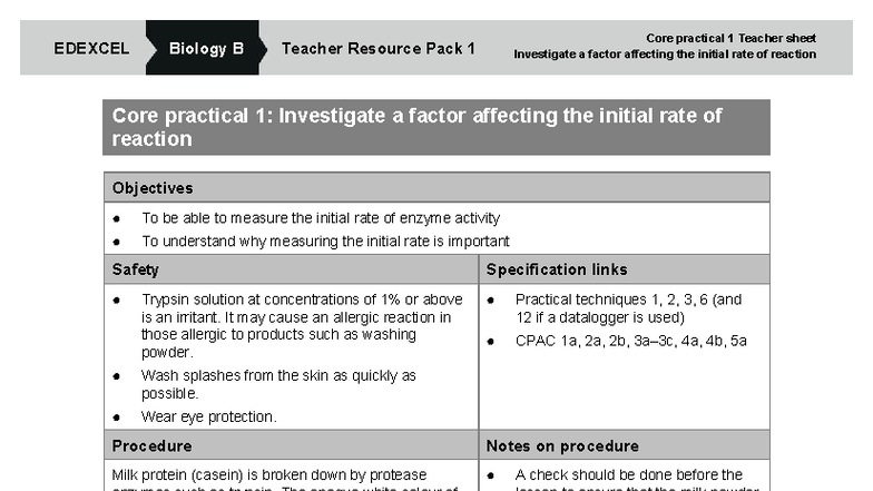 EDEXCEL Biology B Core Practical 1: Investigating Reaction Rates - Studocu