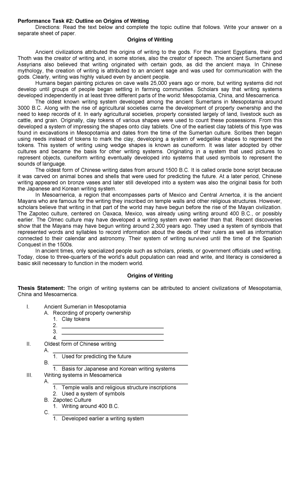 Quarter-3 Performance Task: Origins of Writing Outline - Studocu