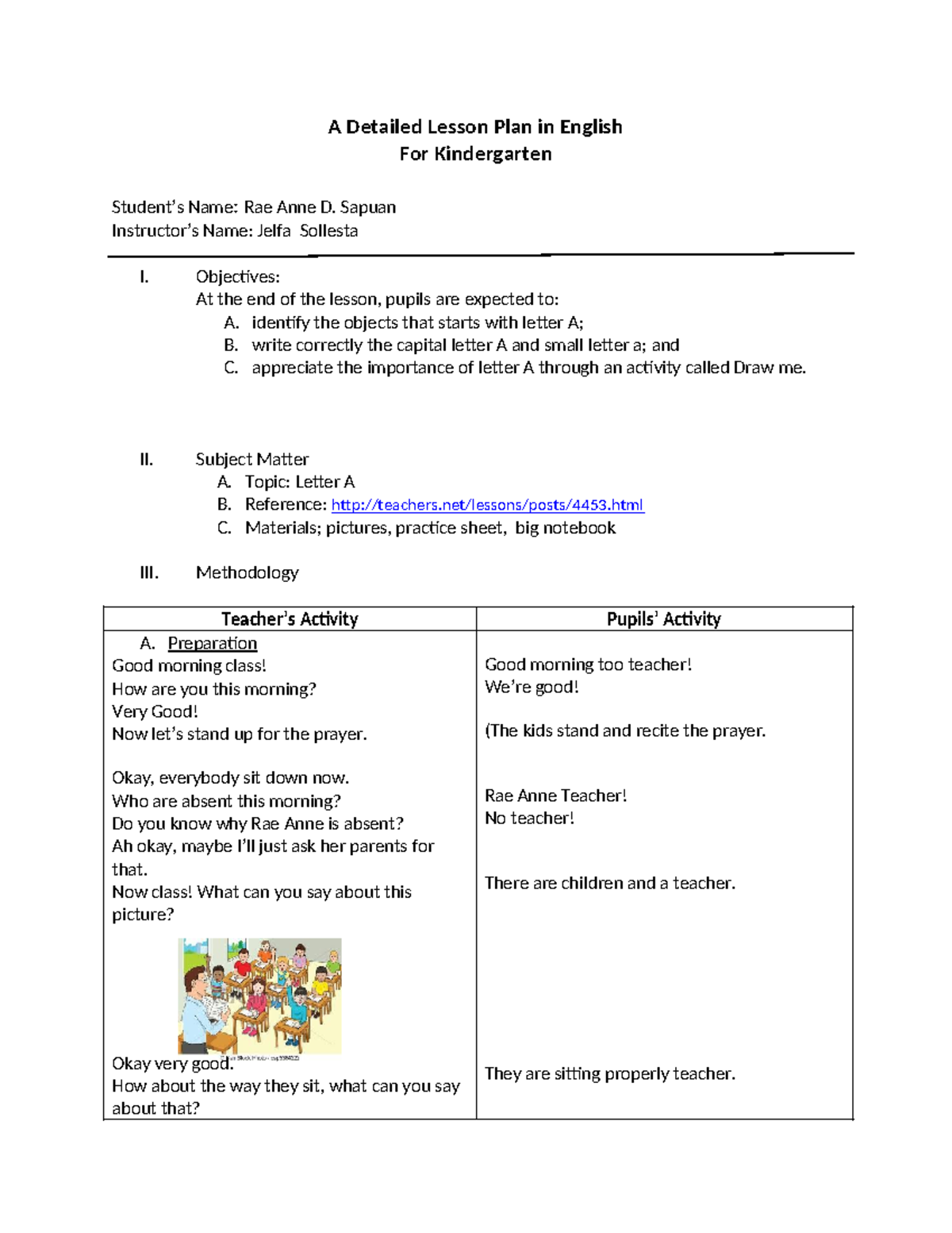 Detailed Lesson Plan for Kindergarten: Introducing Letter A - Studocu