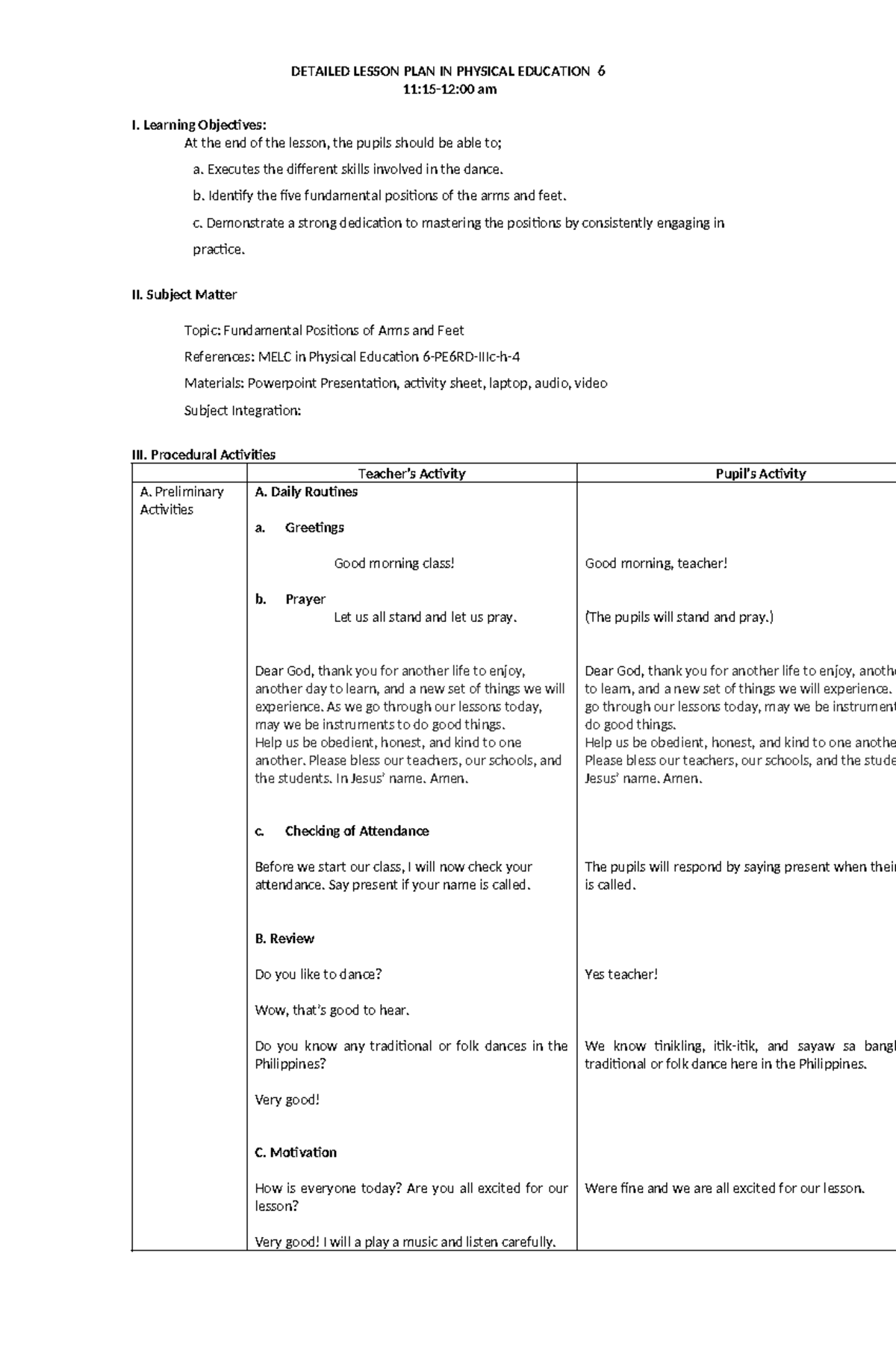 Detailed Lesson Plan for PE 6: Fundamental Dance Positions - Studocu