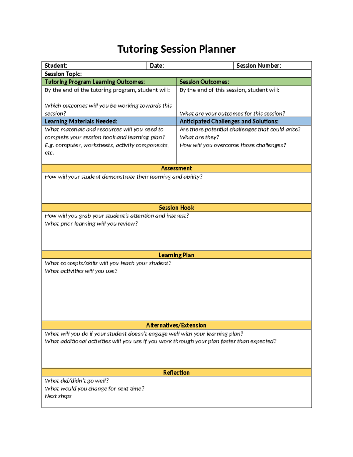 Lesson Plan Template - Tutoring Session Overview (Stes) - Studocu