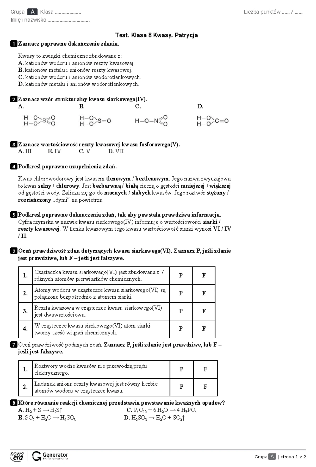 Gazy wokół nas - sprawdzian - Grupa A – Gazy wokół nas ...