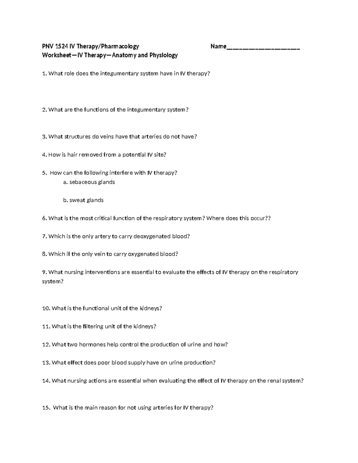 PNV 1524 IV Therapy: Anatomy & Physiology Worksheet - Studocu