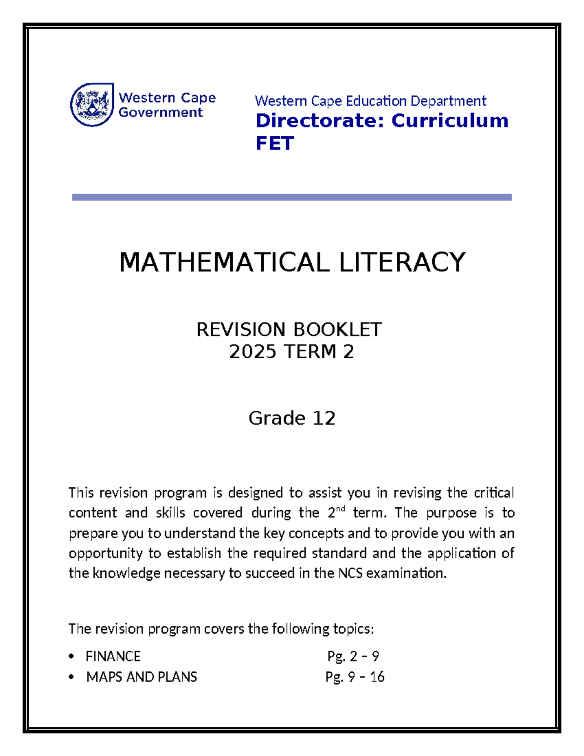 Mathematical Literacy Grade 12 T2 Revision Booklet for 2025 Exam - Studocu