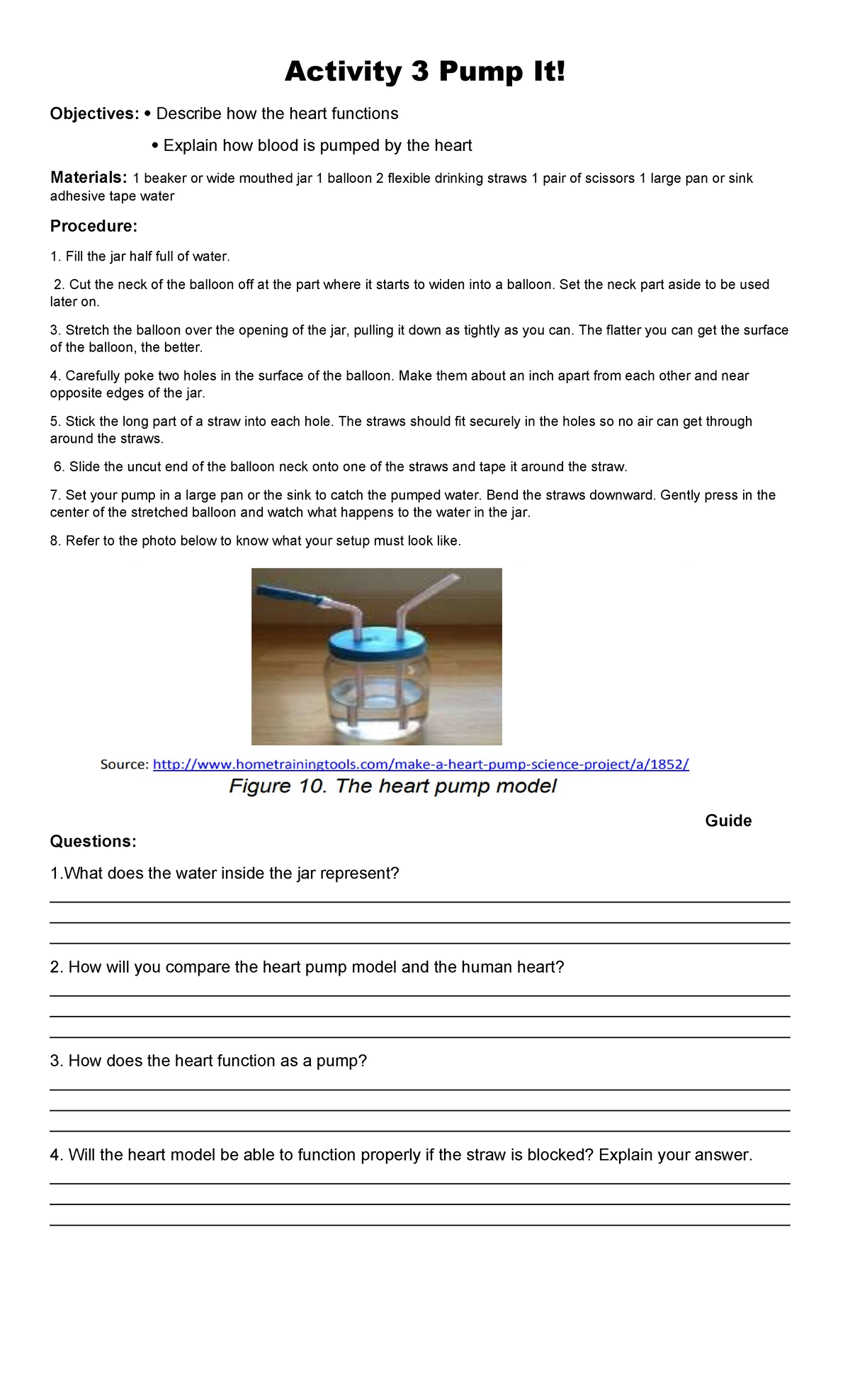 Activity 5: Heart Pump Model Experiment - Objectives and Procedure ...