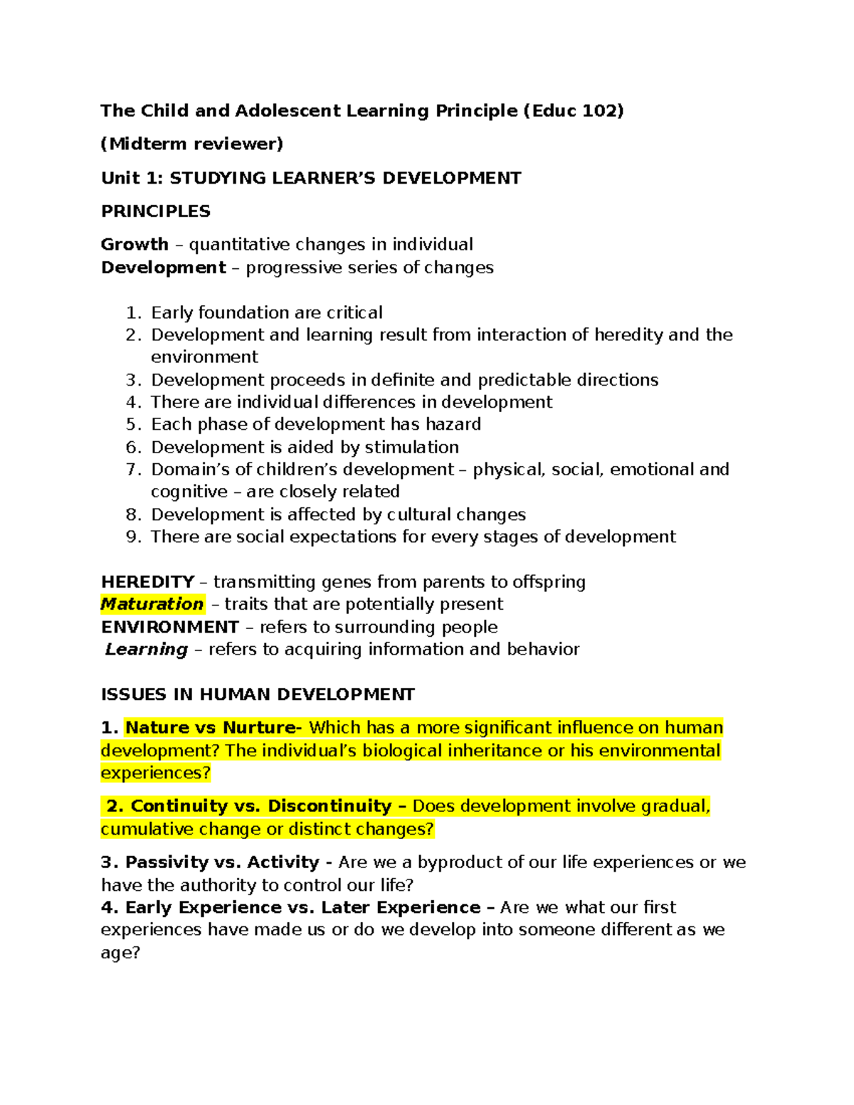 Educ-102 Midterm Reviewer: Child and Adolescent Development Principles ...