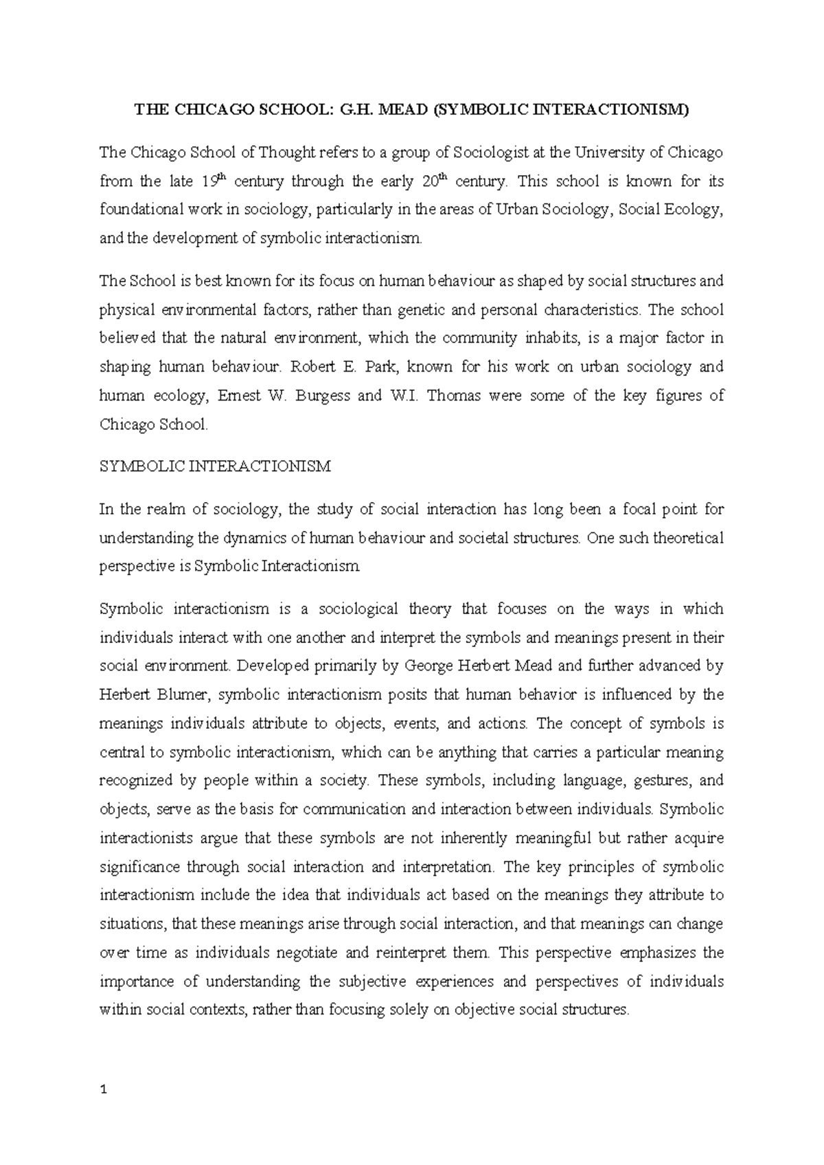 GH MEAD Symbolic Interactionism - THE CHICAGO SCHOOL: G. MEAD (SYMBOLIC ...