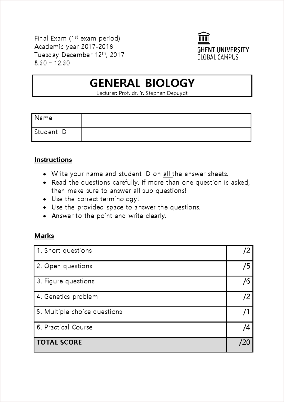 Final Exam (BIO101) - General Biology, Dec 12, 2017 - Studocu