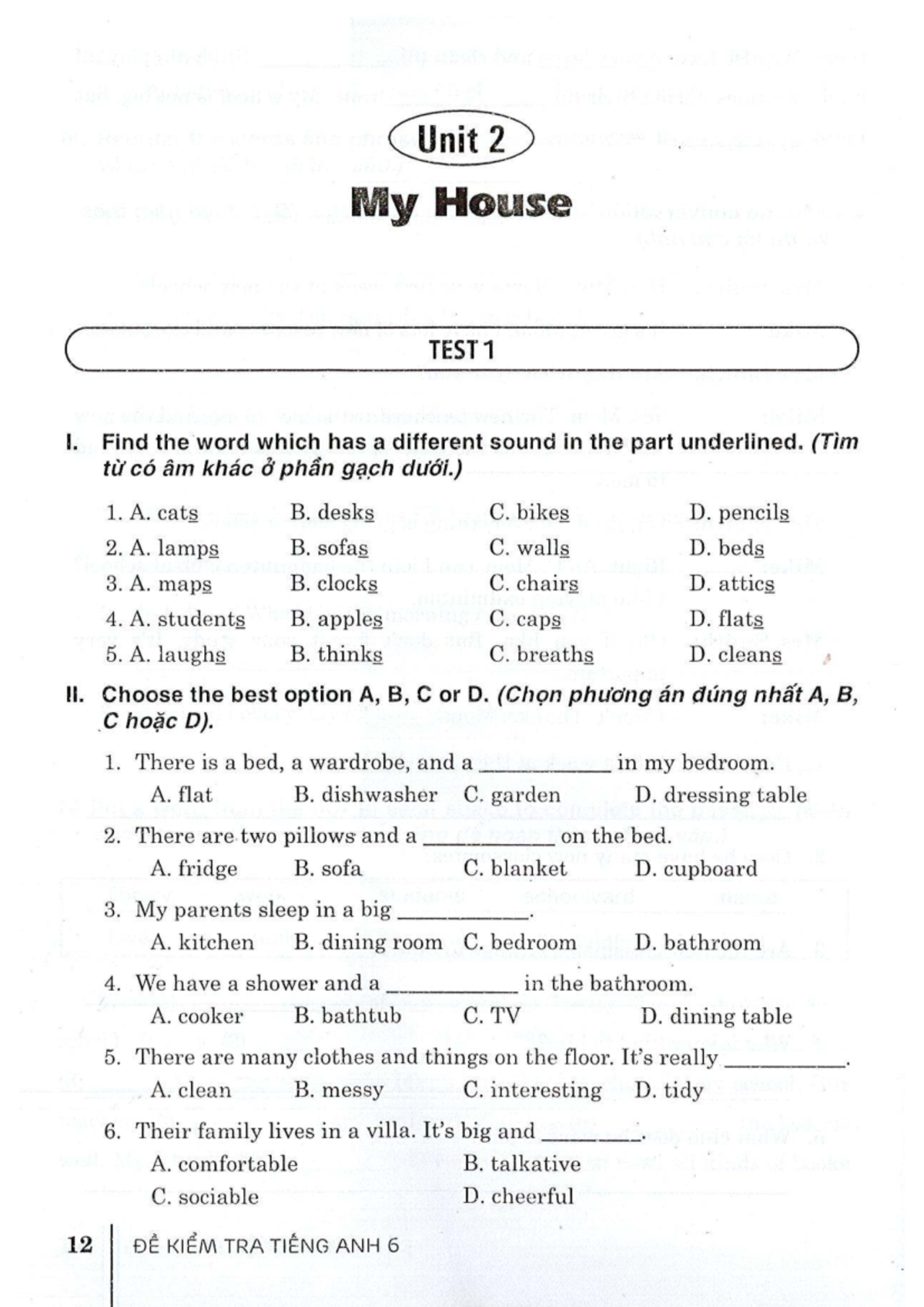 Unit 2 My House Test 1 & 2 - English Assessment for Grade 6 - Studocu