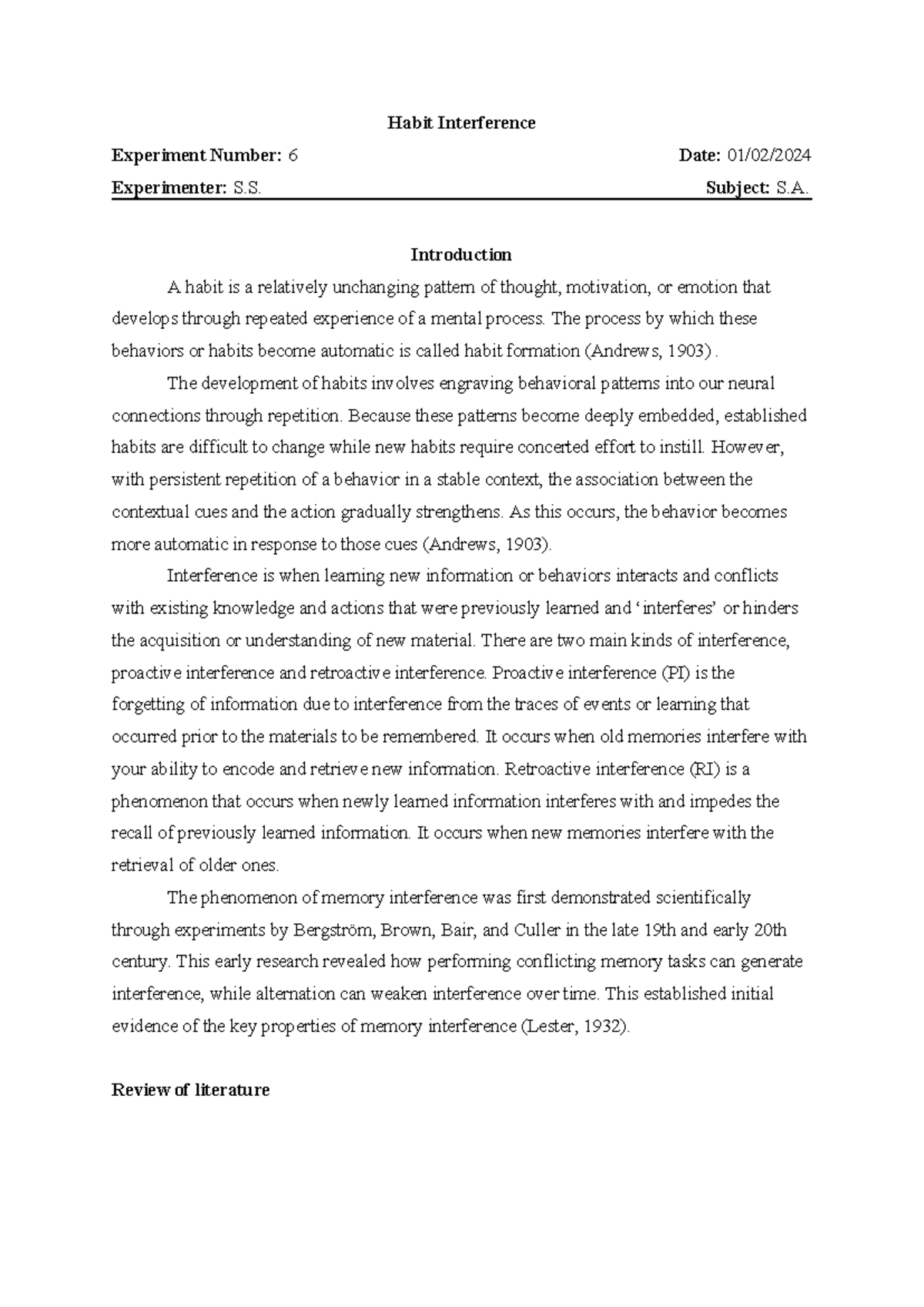 Experiment 6: Investigating Habit Interference and Negative Transfer ...
