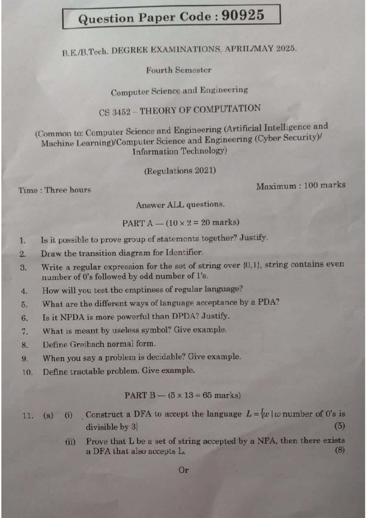 CS3452 Theory of Computation Question Paper 2025 (Code: 90925) - Studocu