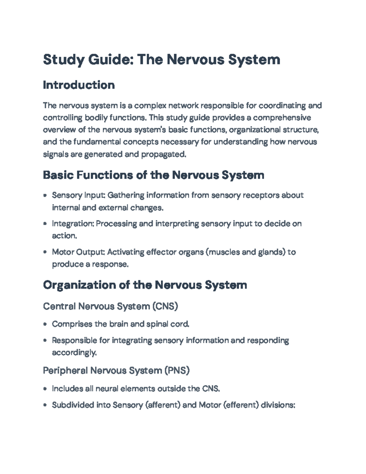 Nervous System Study Guide: Functions, Structure, and Signal ...
