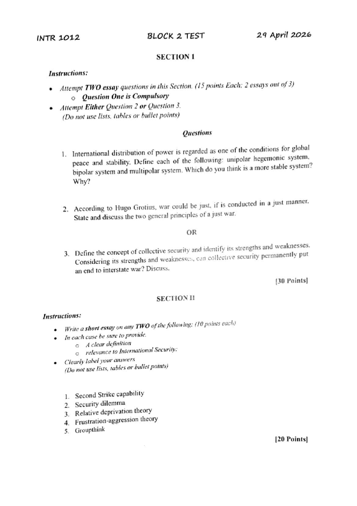 INTR 1012 Block 2 Test: Essay Questions on International Security - Studocu
