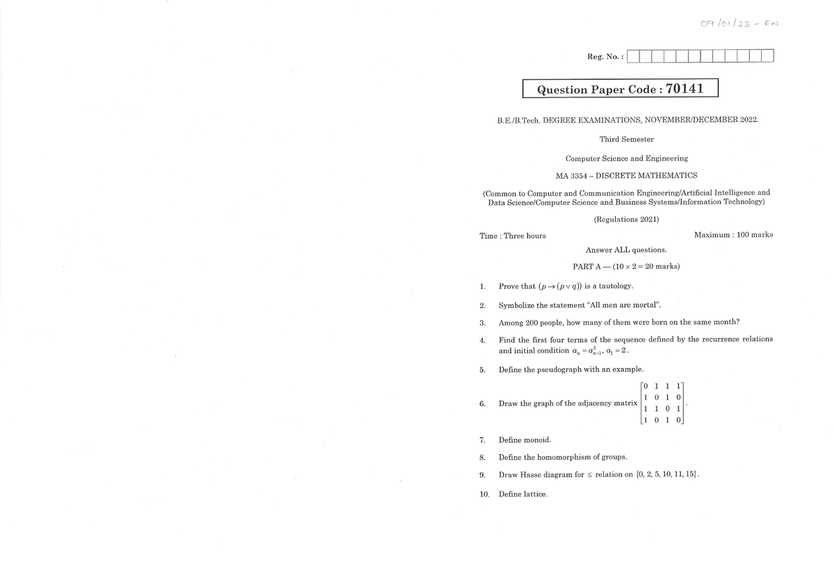 MA3354 - Discrete Mathematics R2021 - 2022 Nov - Reg. No. : Question ...