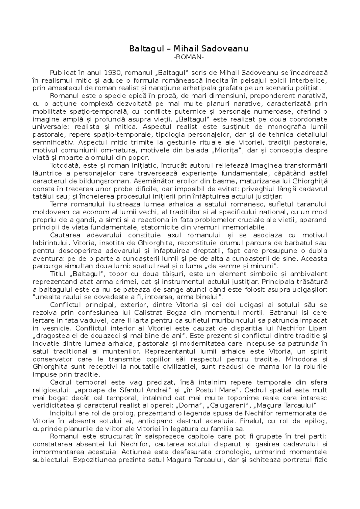 Eseu despre romanul „Baltagul” de Mihail Sadoveanu - Studocu