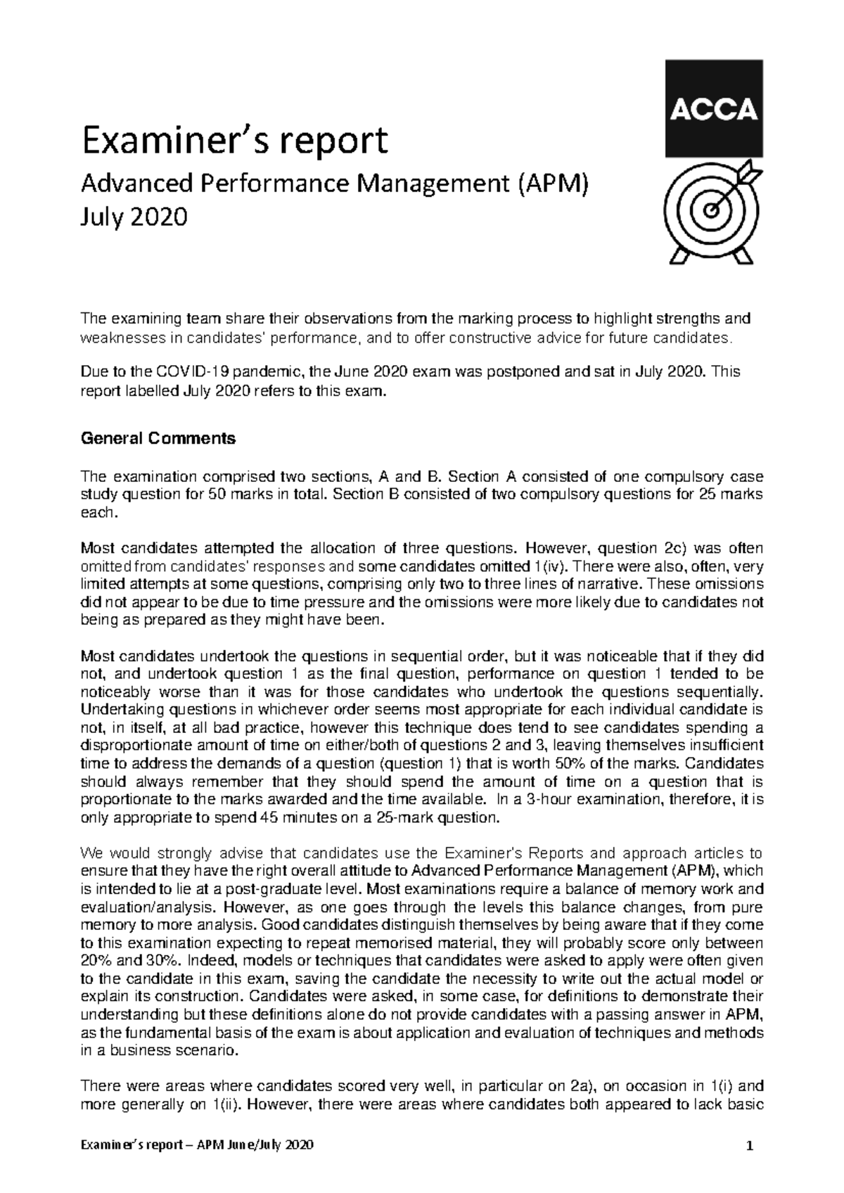 APM Exam Report: Observations & Insights from July 2020 Exam - Studocu