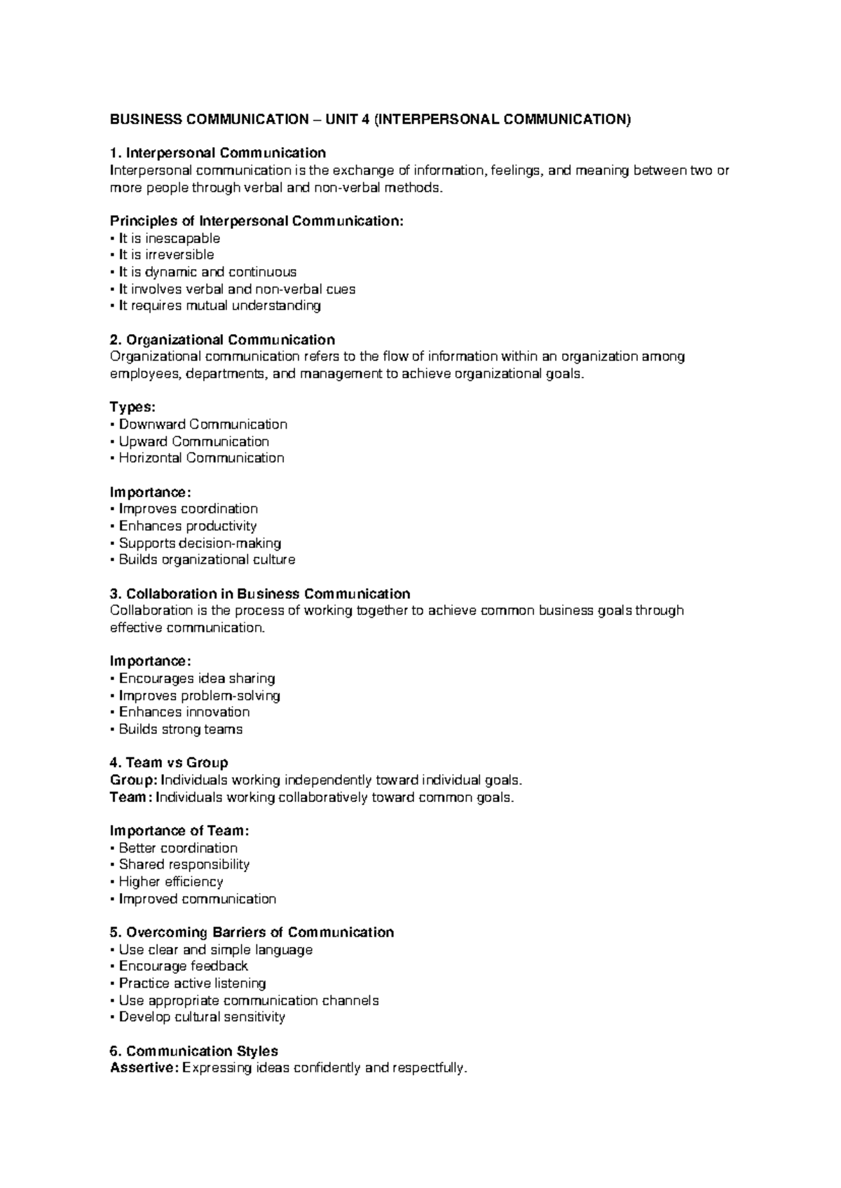 BC Unit 4 - Interpersonal & Organizational Communication Notes - Studocu