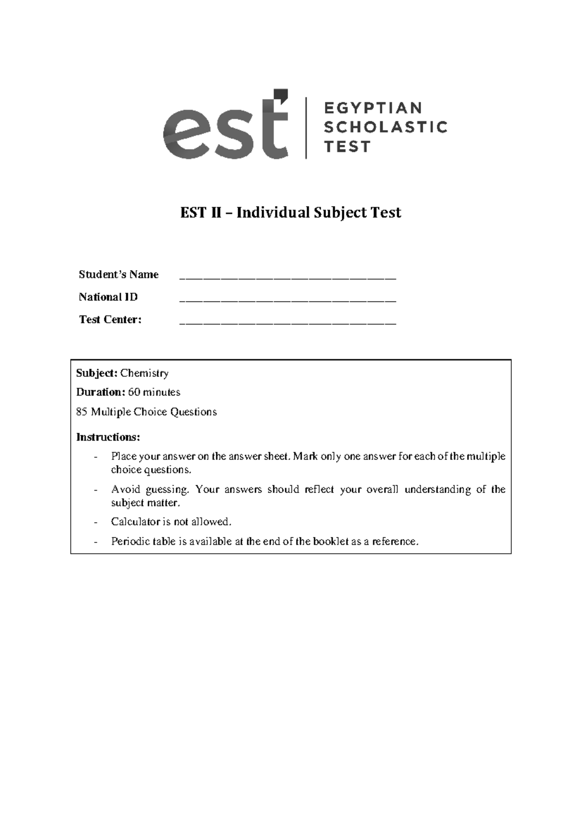 EST II - Chemistry - Practice Test Questions and Answer Key - Studocu