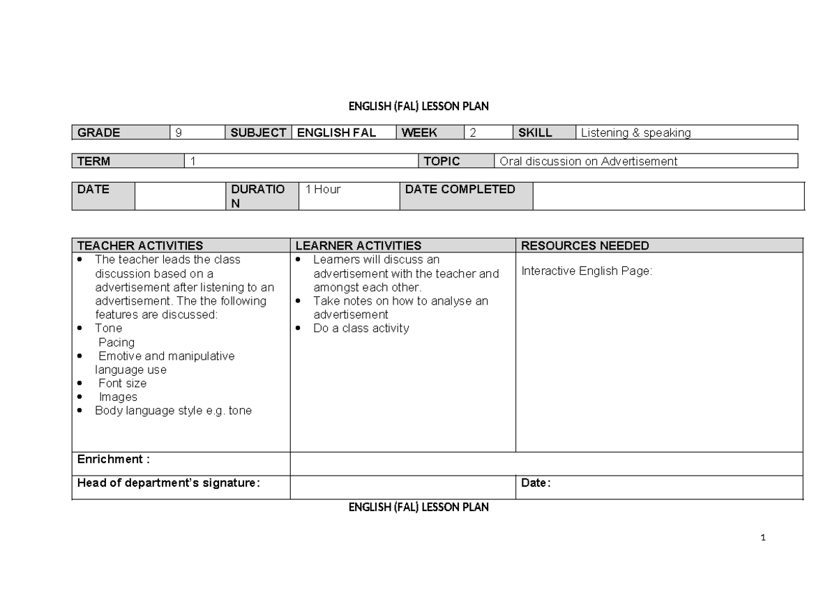 ENGLISH (FAL) LESSON PLAN GRADE 9 TERM 1: Skills & Activities Overview ...
