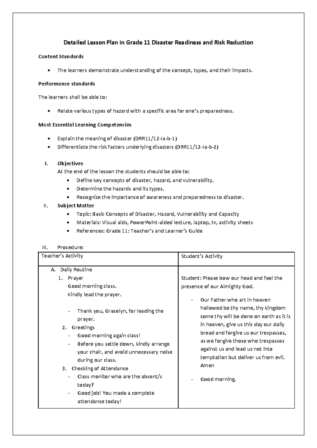 Grade 11 Disaster Readiness & Risk Reduction: Detailed Lesson Plan ...