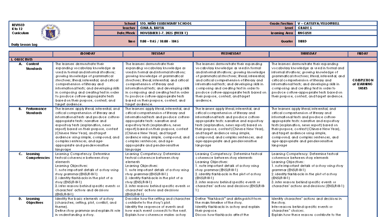 English 5 Q3 W1 - Daily Lesson Log on Story Grammar and Coherence - Studocu