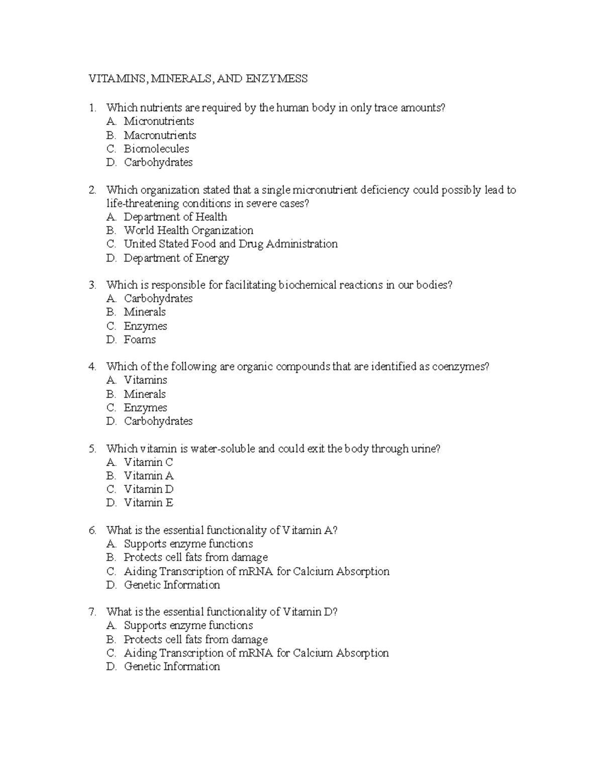 VITAMINS, MINERALS, AND ENZYMES MCQ: Key Concepts and Questions - Studocu