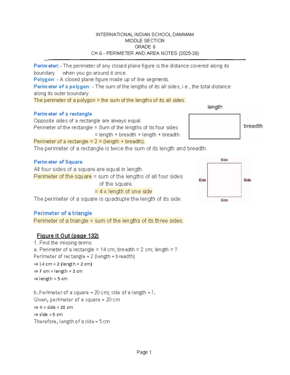 Class 6 - Ch. 6 Perimeter and Area Study Notes - Studocu