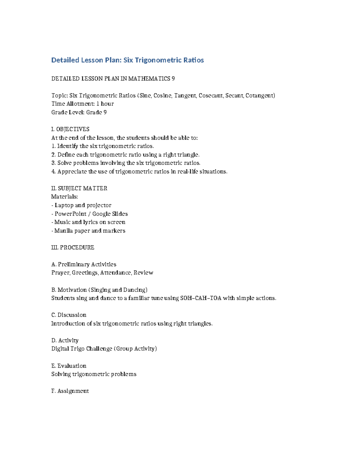 Mathematics 9 Detailed Lesson Plan: Six Trigonometric Ratios - Studocu