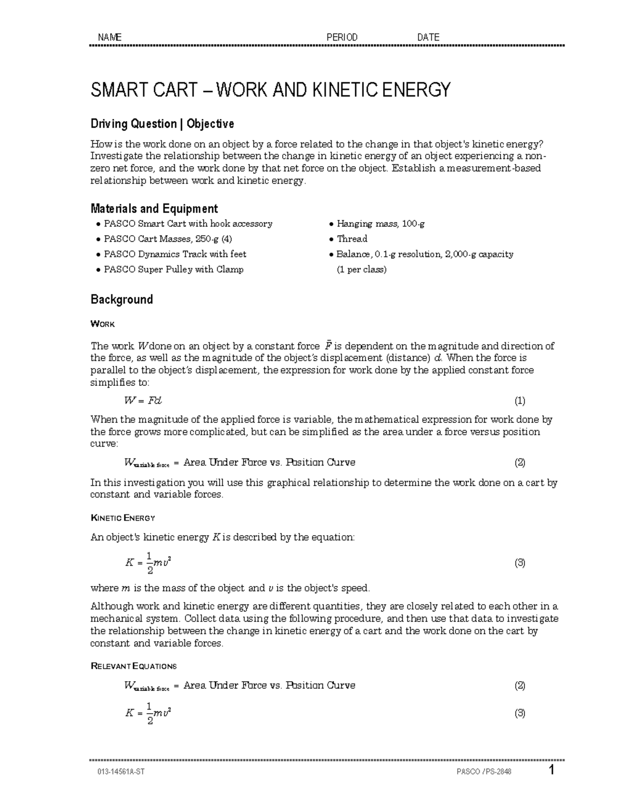 Work and Kinetic Energy Investigation - PASCO PS-2848 Lab Guide - Studocu