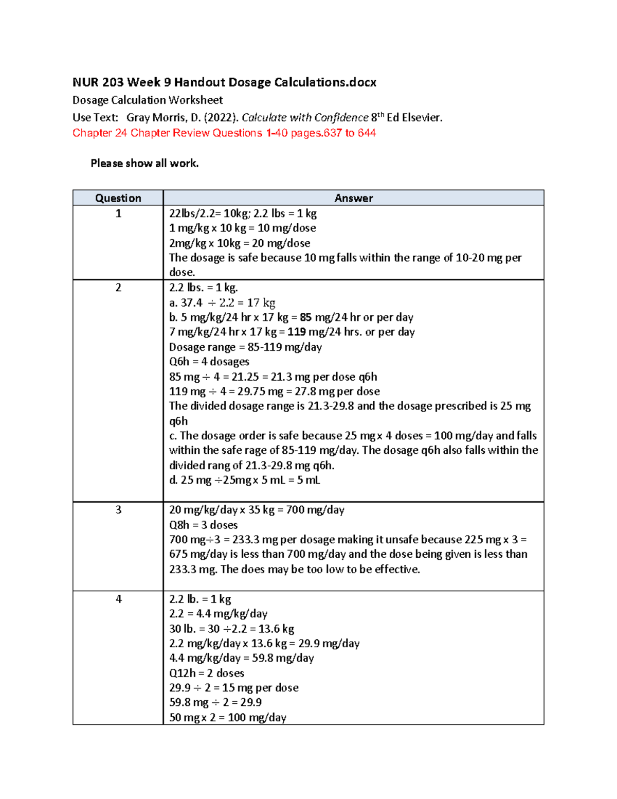 NUR 203 Week 9 Dosage Calculations Handout and Worksheets - Studocu