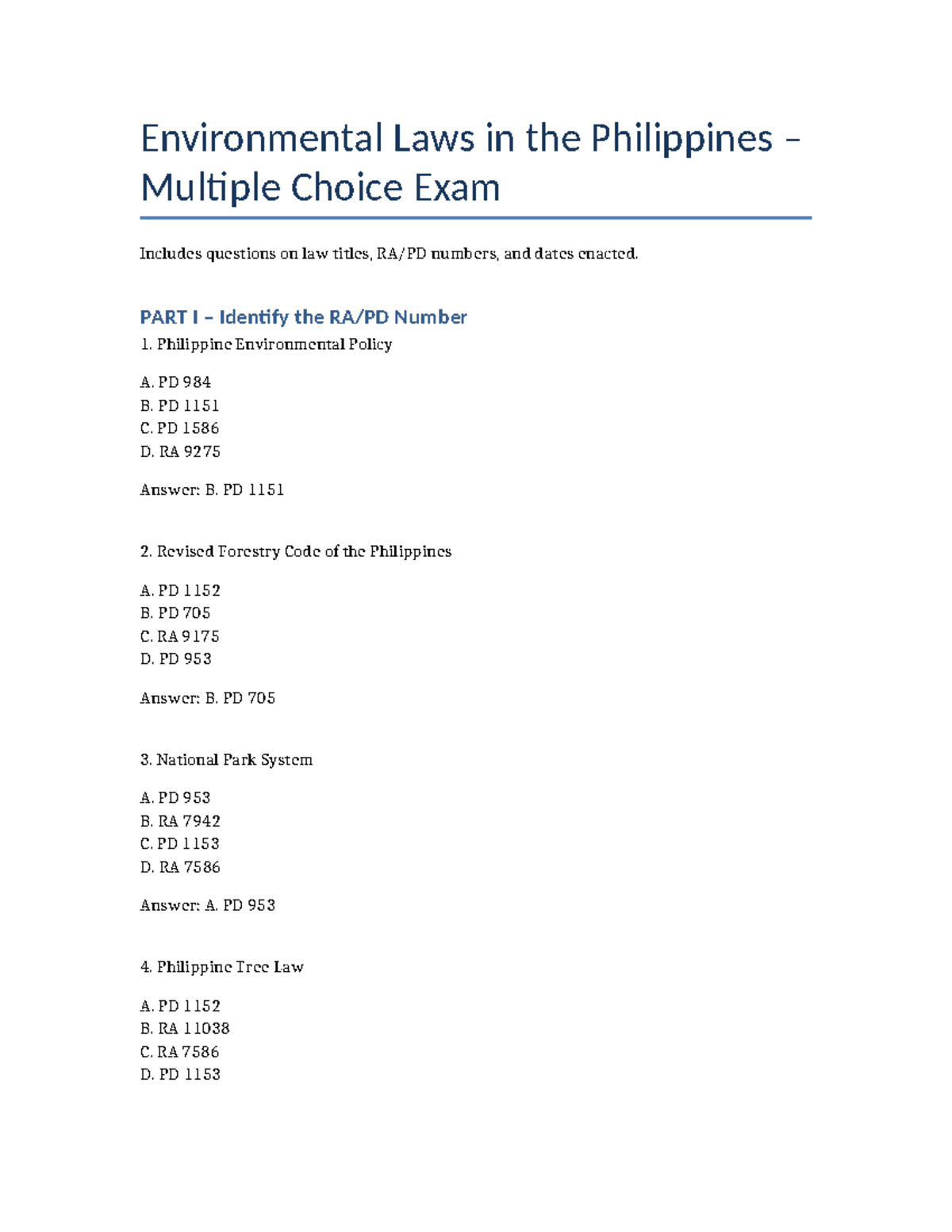 Philippine Environmental Laws Multiple Choice Exam Guide - Studocu