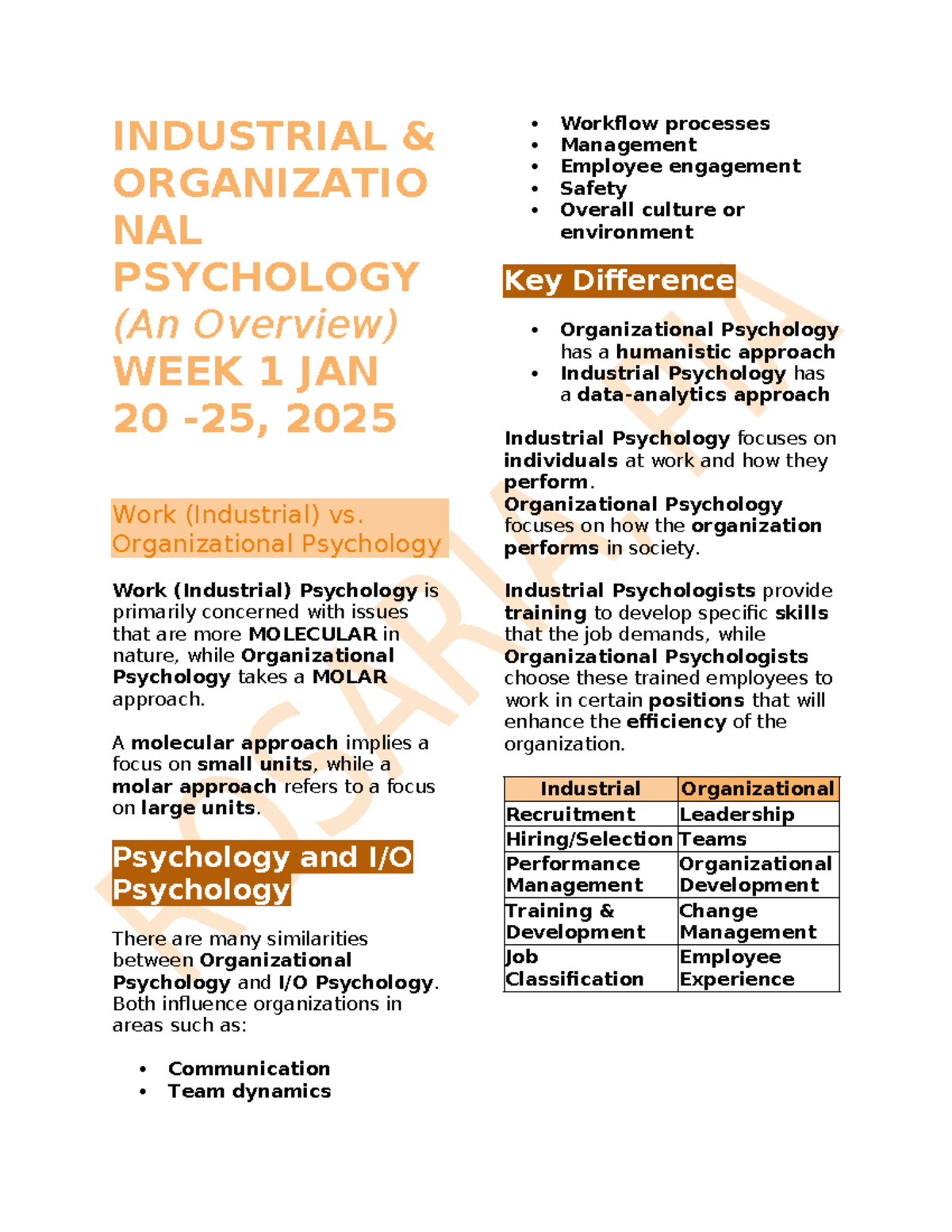 INDUSTRIAL ORGANIZATIONAL PSYCHOLOGY (PSY 101) WEEK 1 OVERVIEW - Studocu