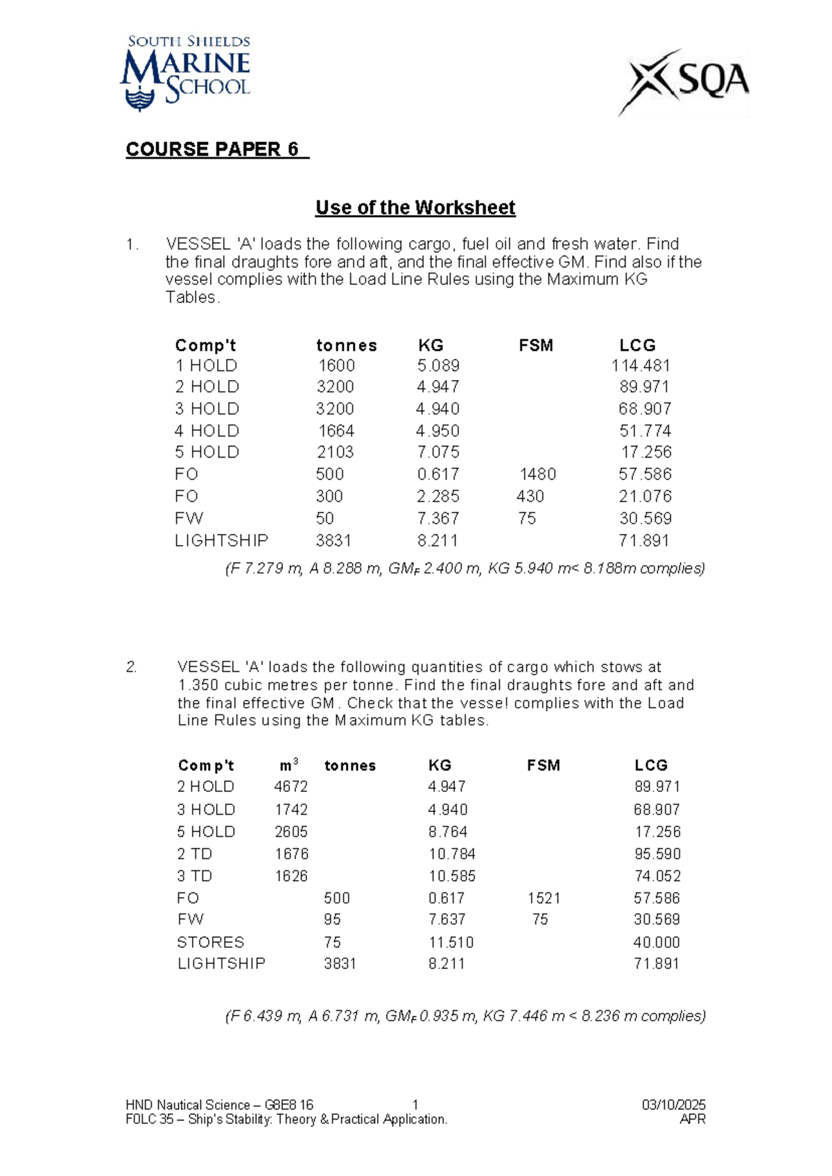 HND Nautical Science G8E8 Final Paper: Vessel Stability Analysis - Studocu