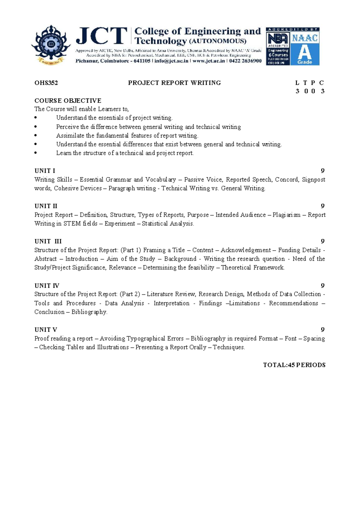 OHS352 Project Report Writing Syllabus Overview - Studocu