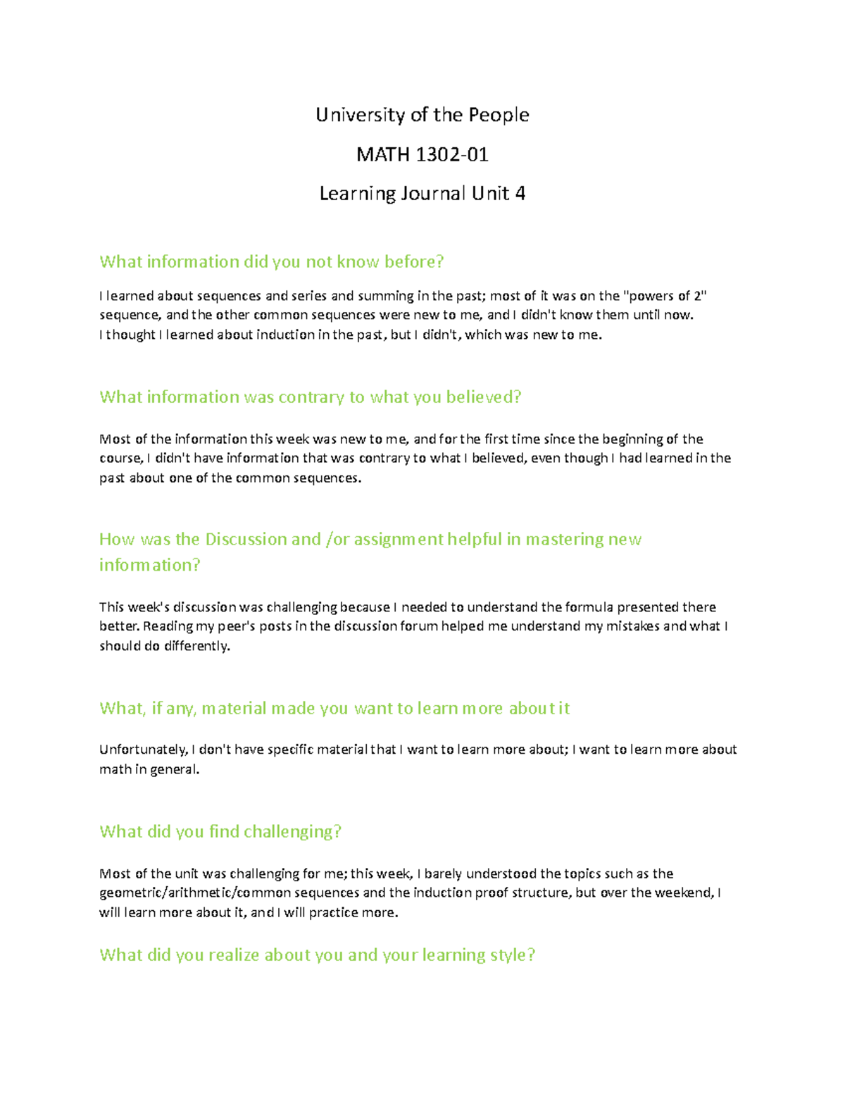 Math 1302 Learning Journal Unit 4 - University of the People MATH 1302 ...