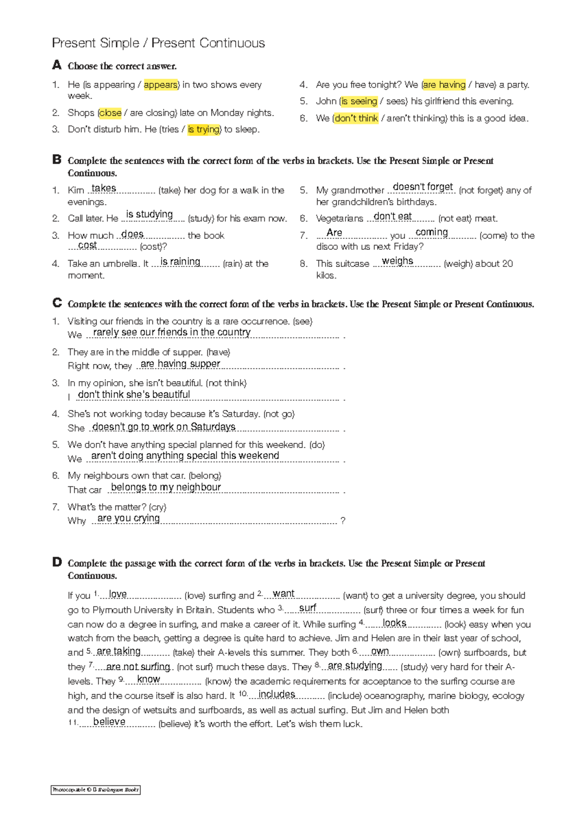 Ejercicios de Present Simple y Present Continuous - Inglés A1 - Studocu