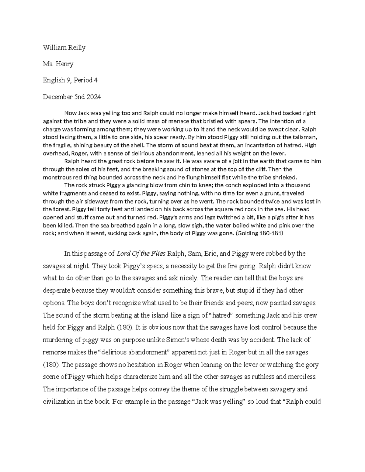 Analysis of Piggy's Death in Lord of the Flies - English 9 Essay - Studocu