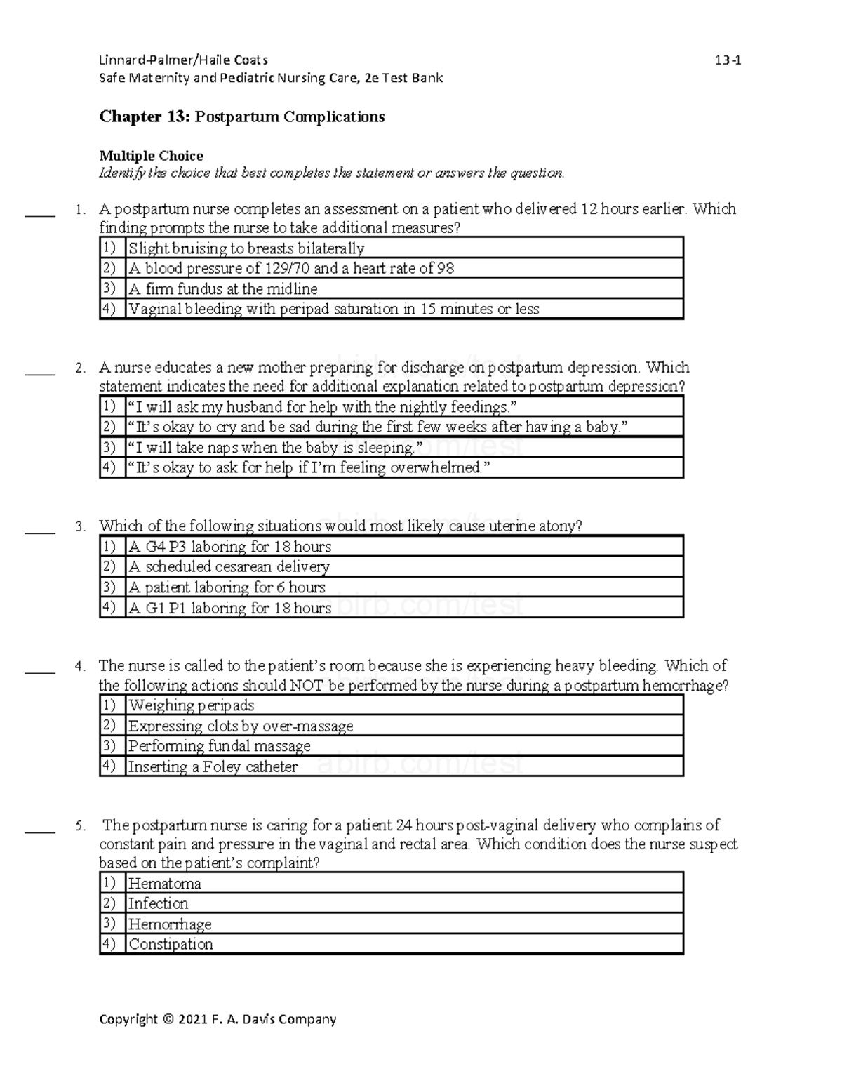 Chapter 13 Med-Surg Test Bank: Postpartum Complications Practice ...