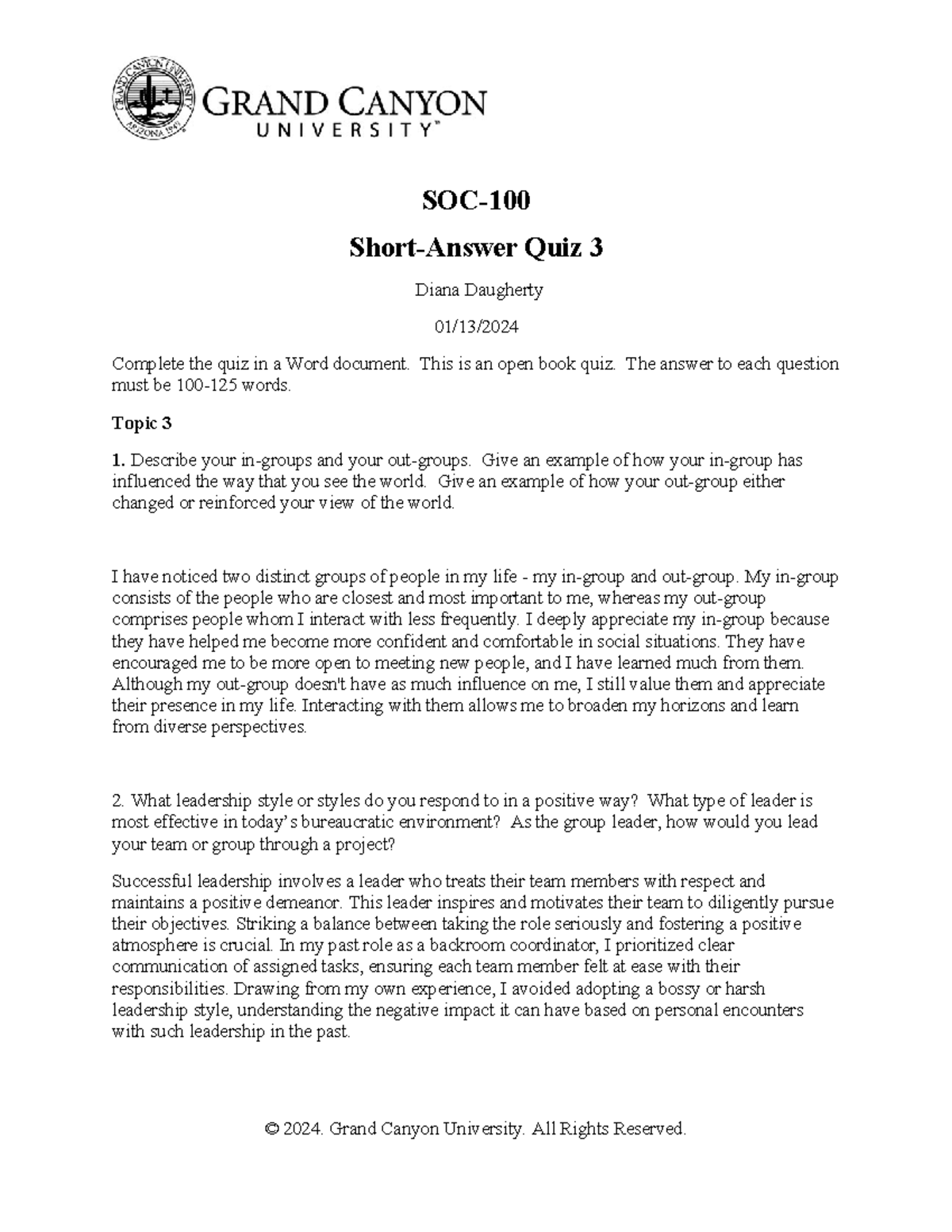 Short-answer quiz 3 - SOC- Short-Answer Quiz 3 Diana Daugherty 01/13 ...