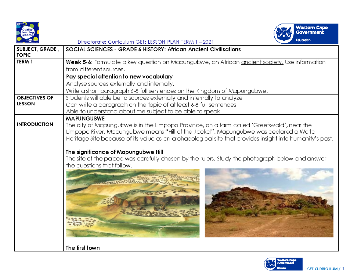 Lesson Plan: Grade 6 Social Sciences History on Mapungubwe T1 W3 - Studocu