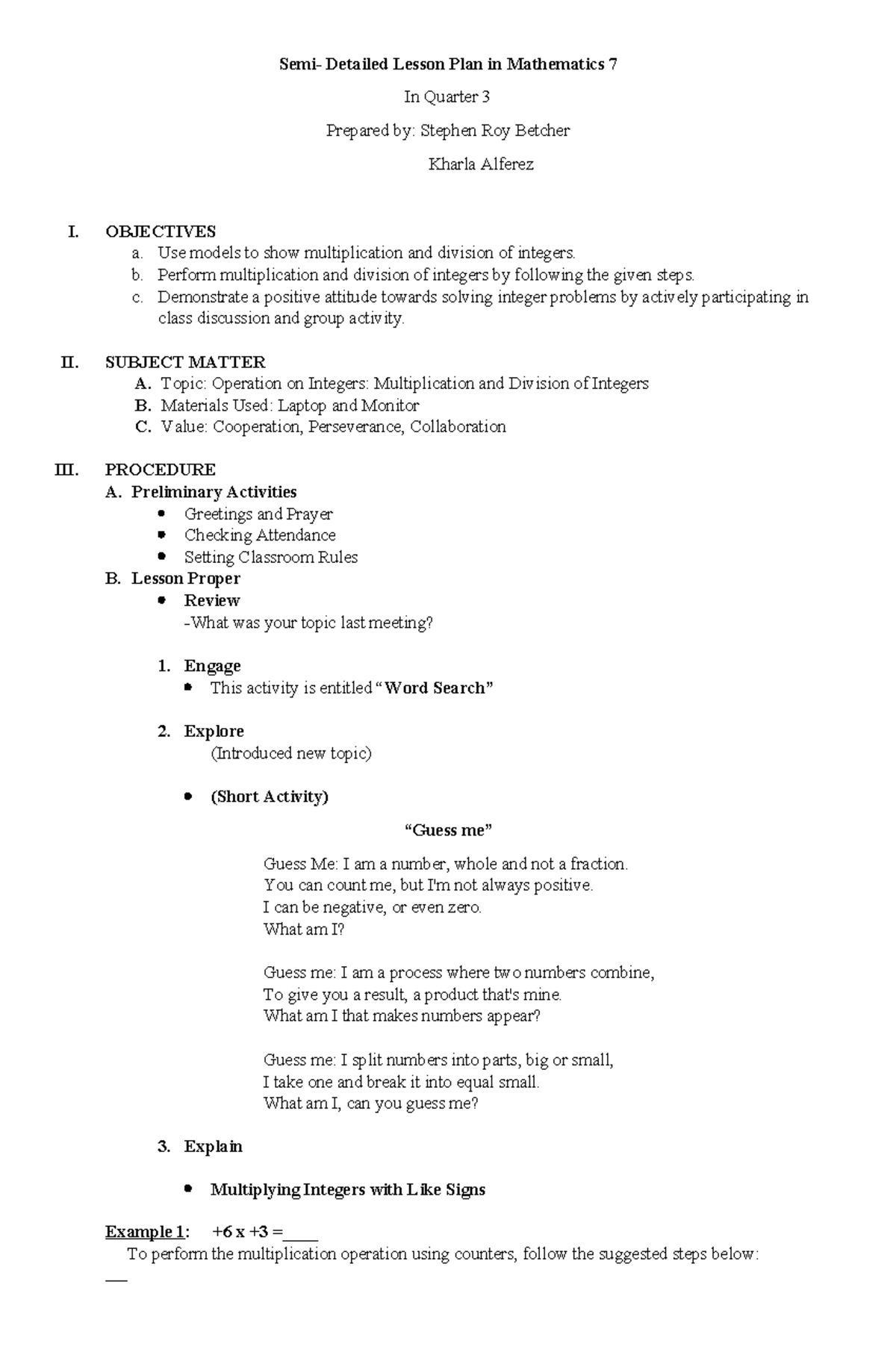 Semi-Detailed Lesson Plan: Multiplication & Division of Integers (Math ...