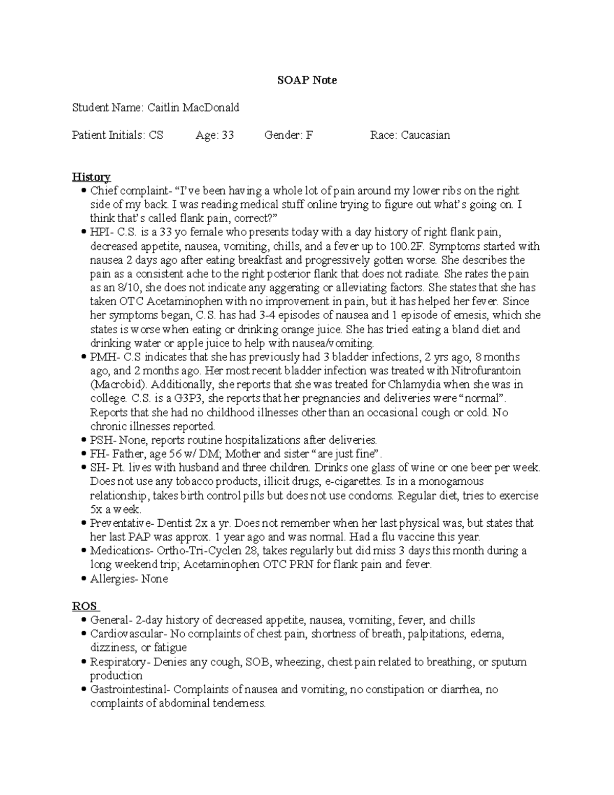 CS SOAP Note: Flank Pain Assessment and Diagnosis - Studocu