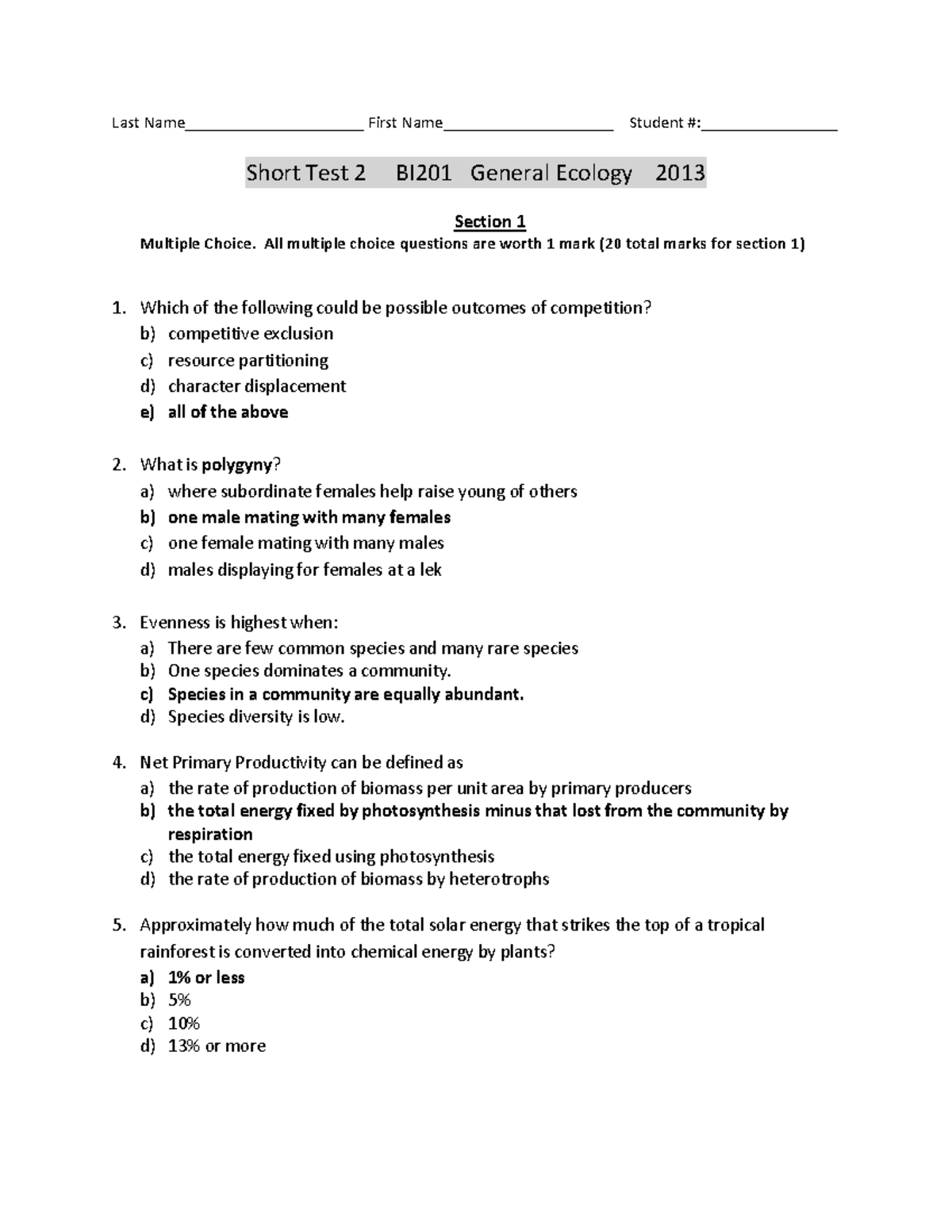 BI201 General Ecology Short Test 2 Solutions (2013) - Studocu