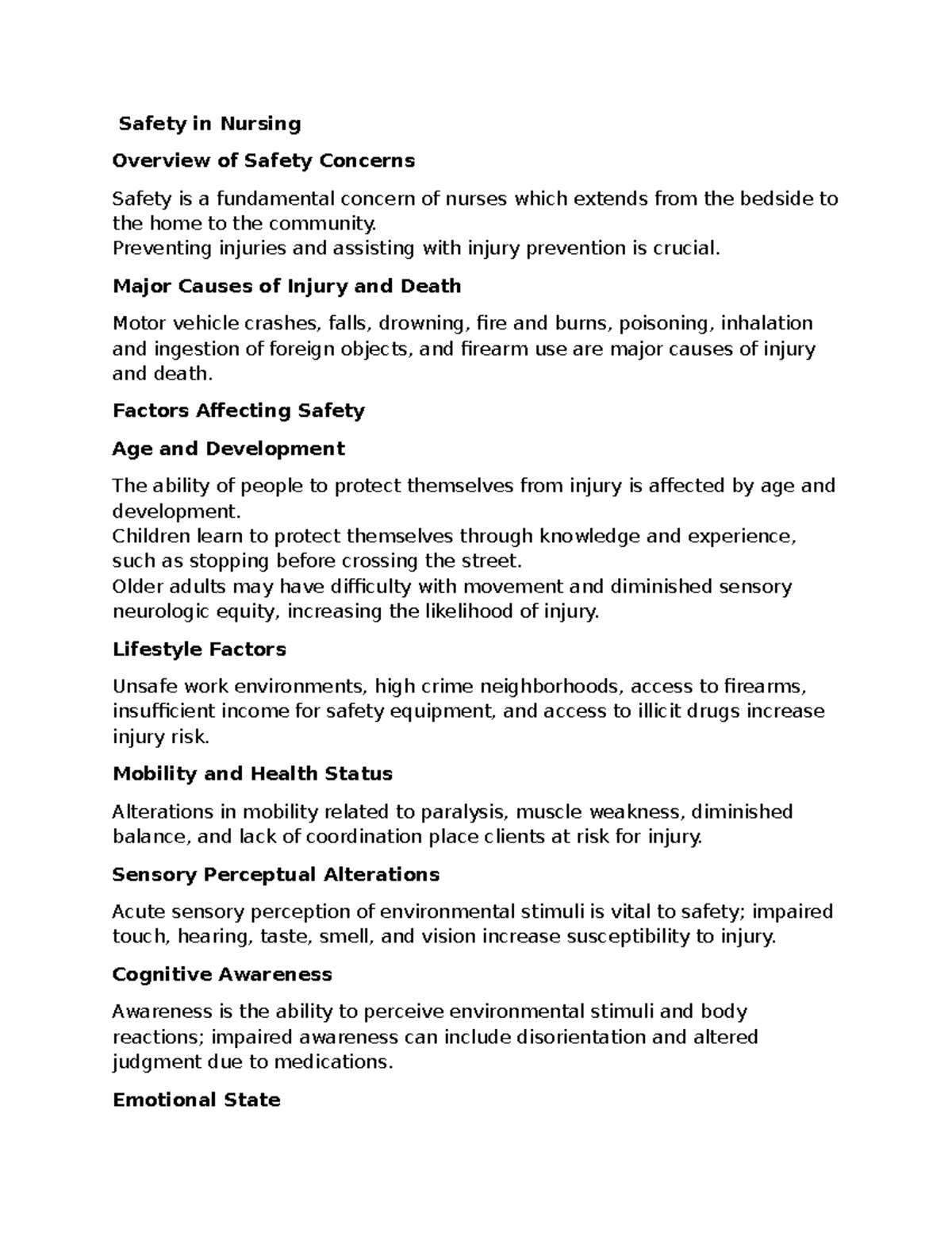 Safety in Nursing: Overview of Key Safety Concerns and Protocols - Studocu