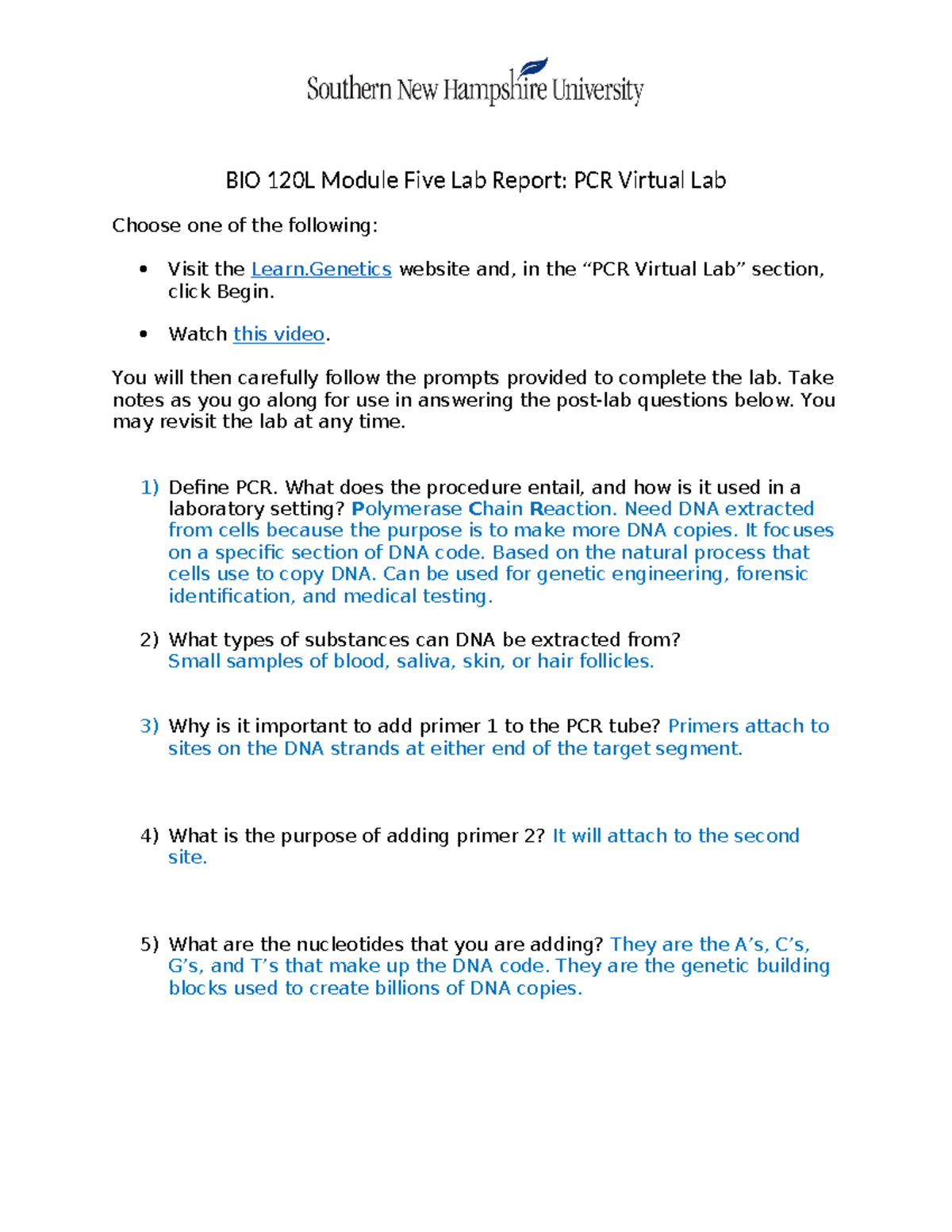 BIO 120L Module 5 PCR Virtual Lab Report and Analysis - Studocu