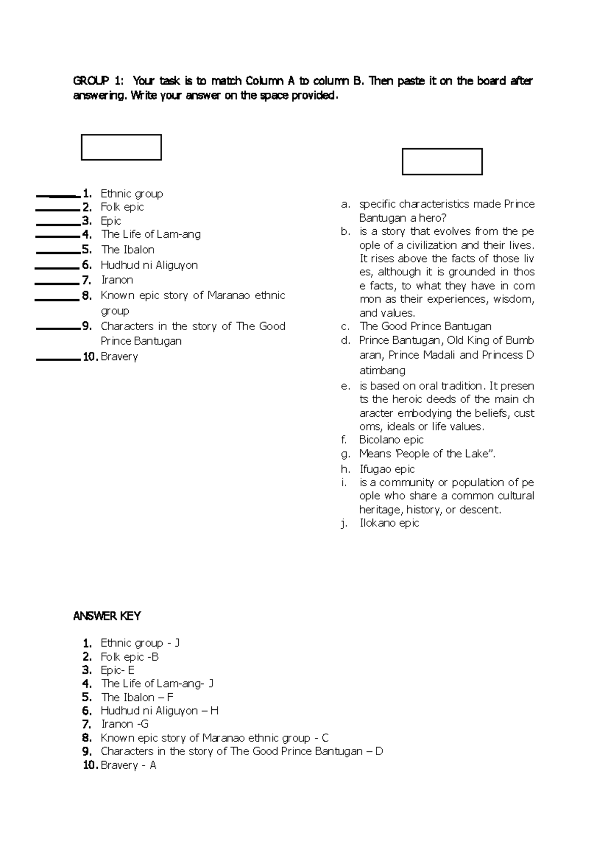 Group 1 - ACTIVITY WORKSHEETS - GROUP 1: Your task is to match Column A ...