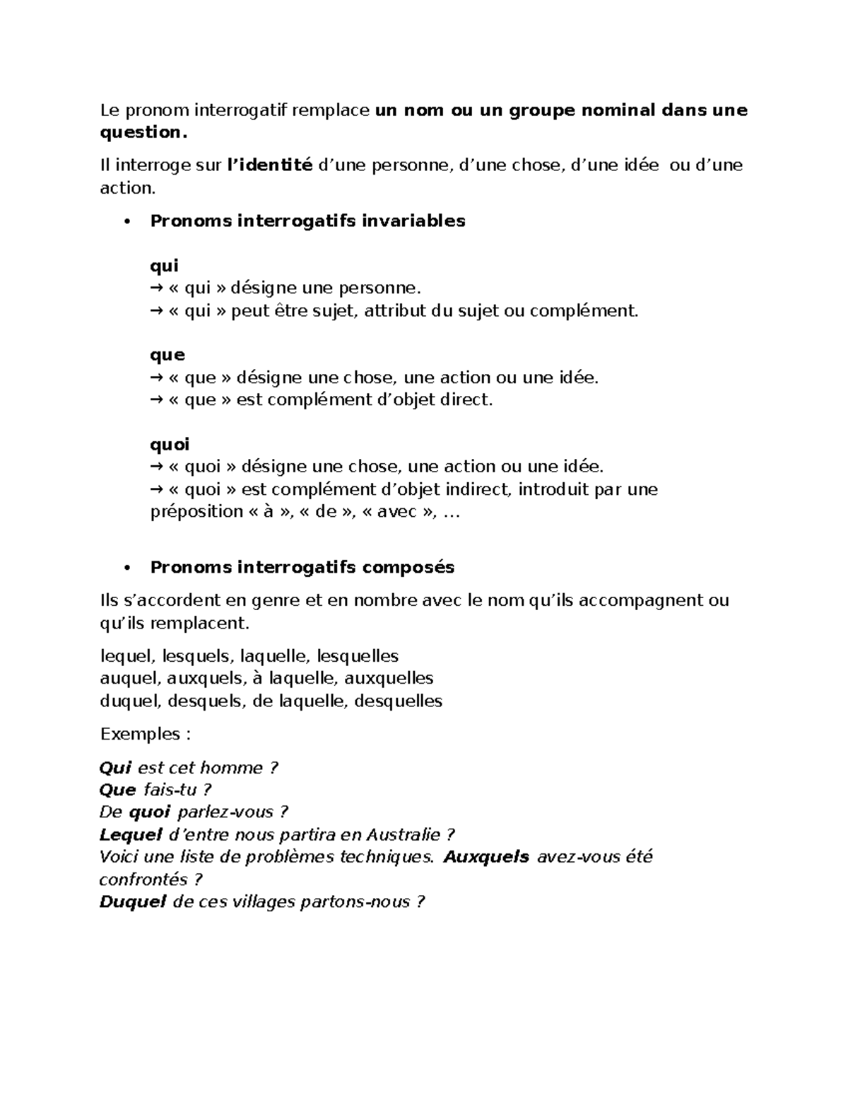 Les pronoms interrogatifs en français : Guide complet - Studocu